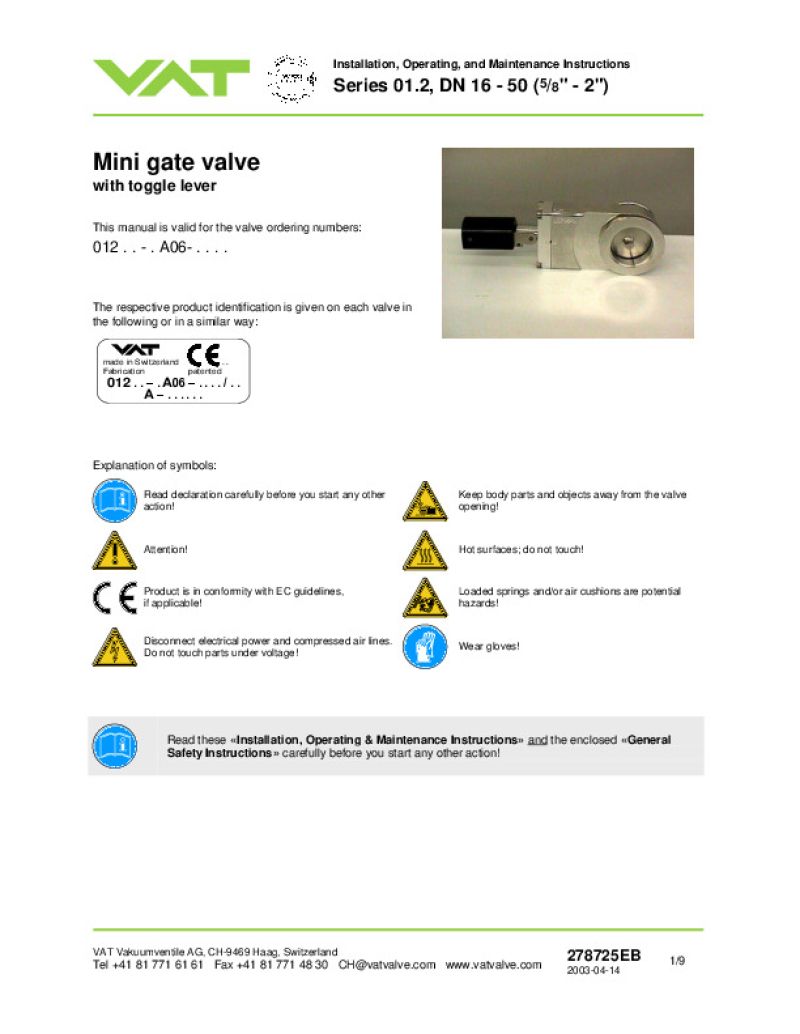 Mini Gate Valve - VAT Valves