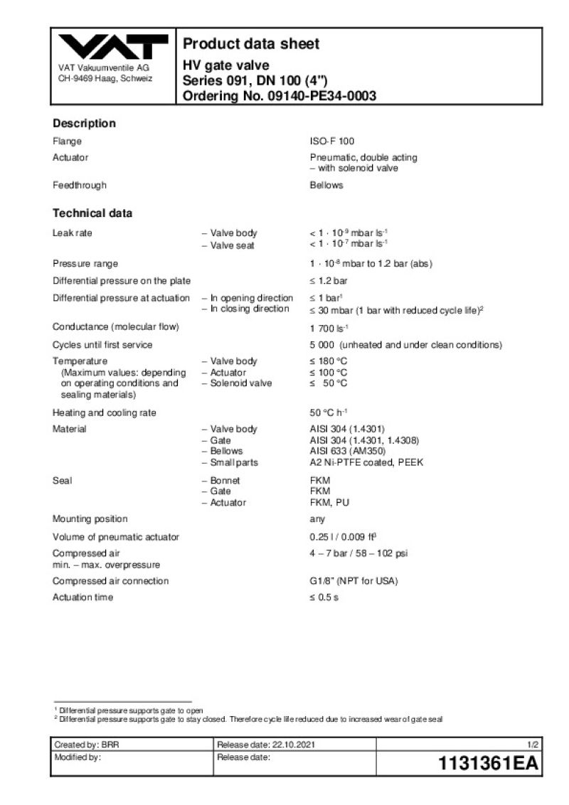 HV Gate Valve with Wedge Design - VAT Valves