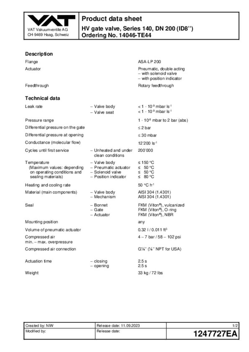 HV Gate Valve - VAT Valves