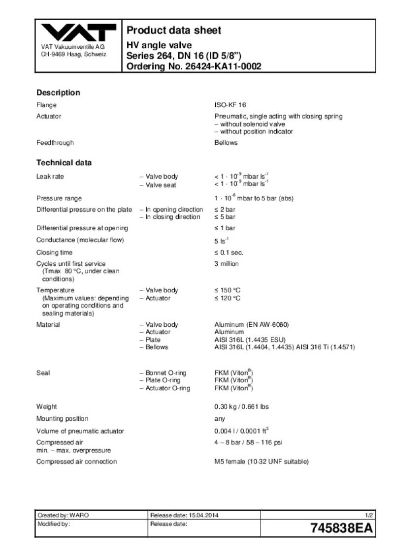 HV Angle Valve - VAT Valves