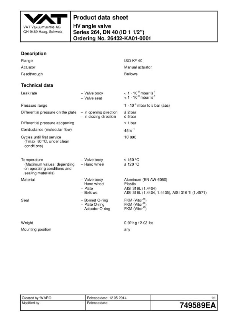 HV Angle Valve - VAT Valves