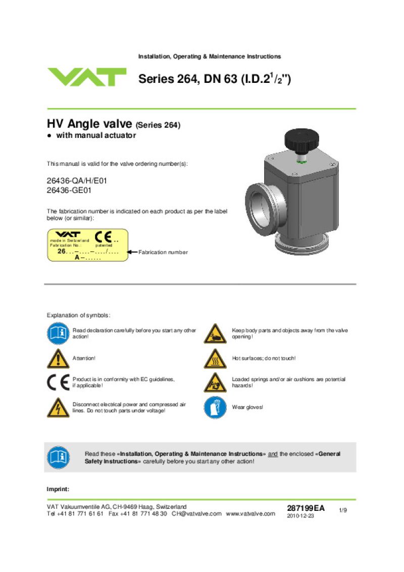HV Angle Valve - VAT Valves