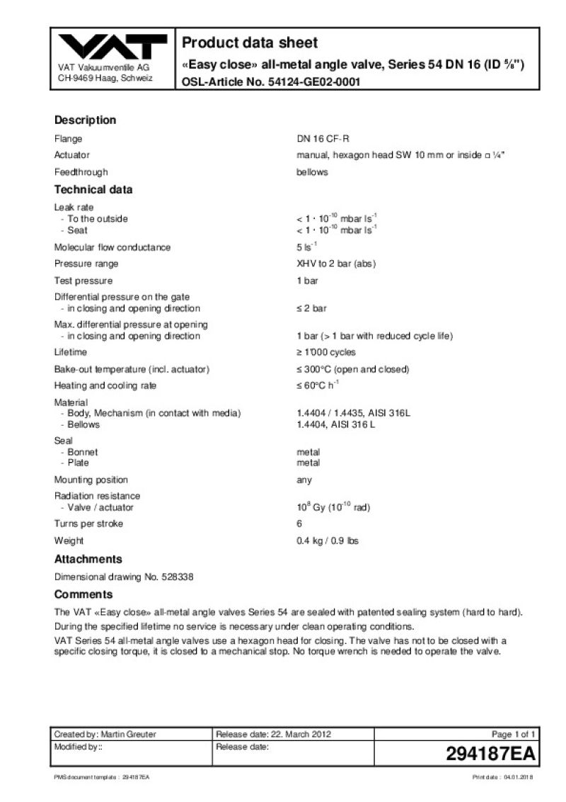 UHV/XHV All-Metal Angle Valve - Easy Close - VAT Valves