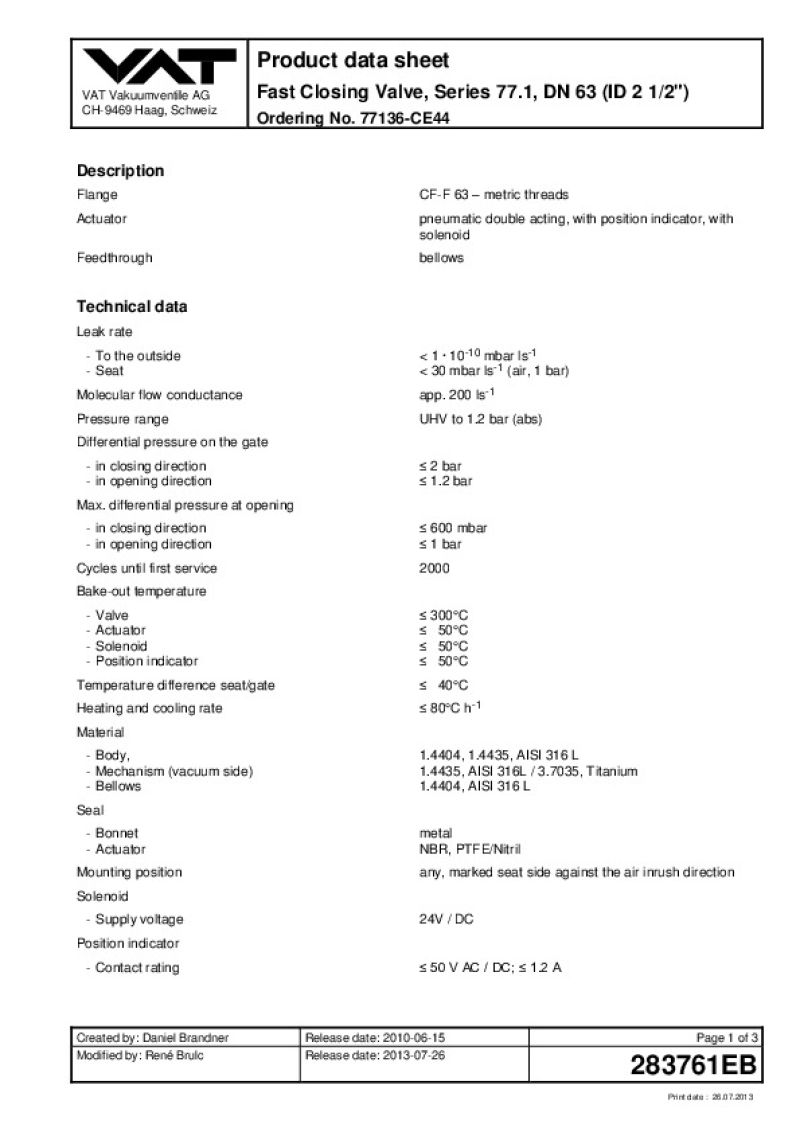 UHV Fast Closing Shutter - VAT Valves