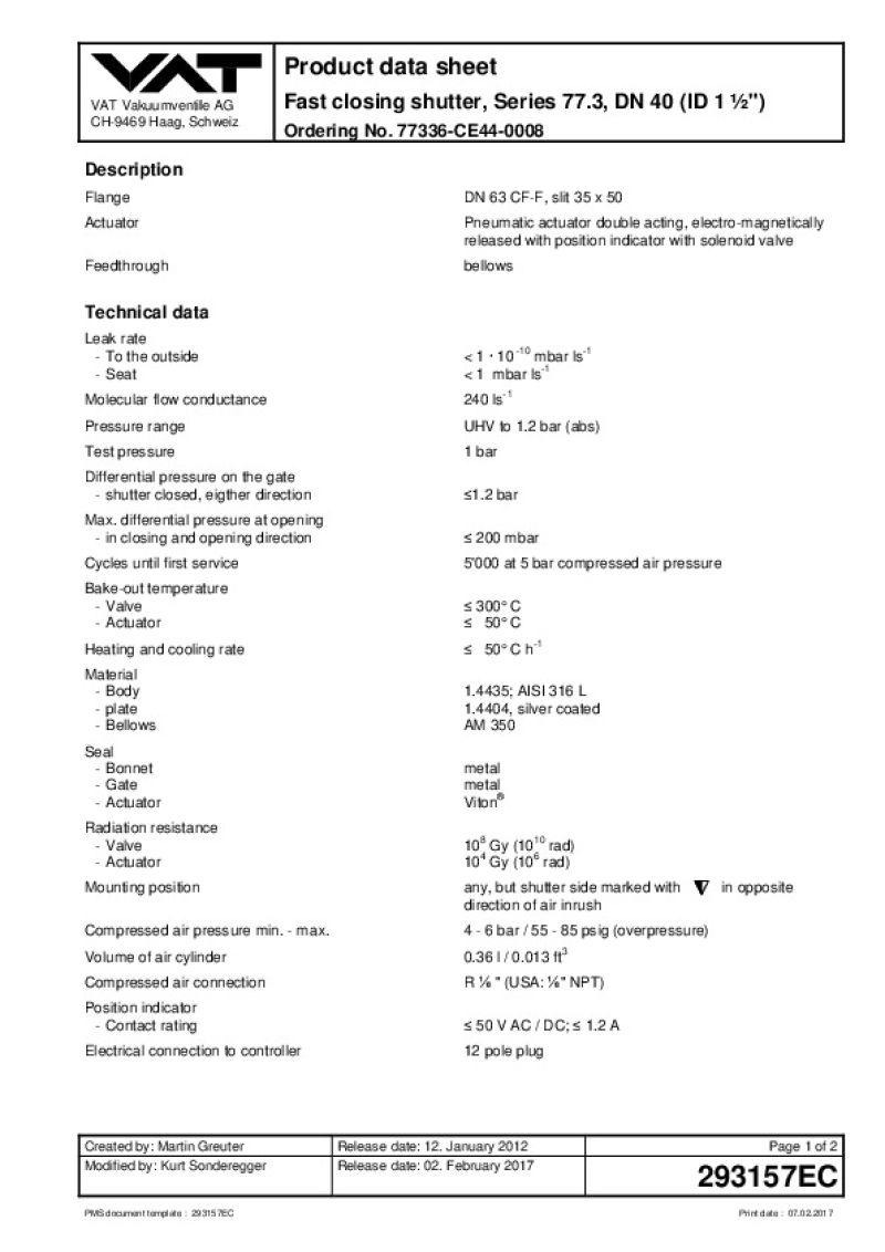 UHV Fast Closing Shutter - VAT Valves